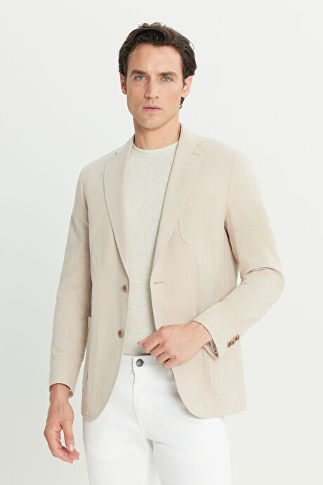 %100 Pamuk Slim Fit Dar Kesim Mono Yaka Torba Cepli Blazer Bej Ceket | Altınyıldız Classics