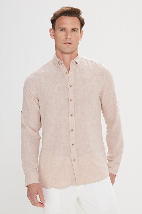 %100 Pamuk Slim Fit Dar Kesim Düğmeli Yaka Flamlı Koyu Bej Gömlek | Altınyıldız Classics