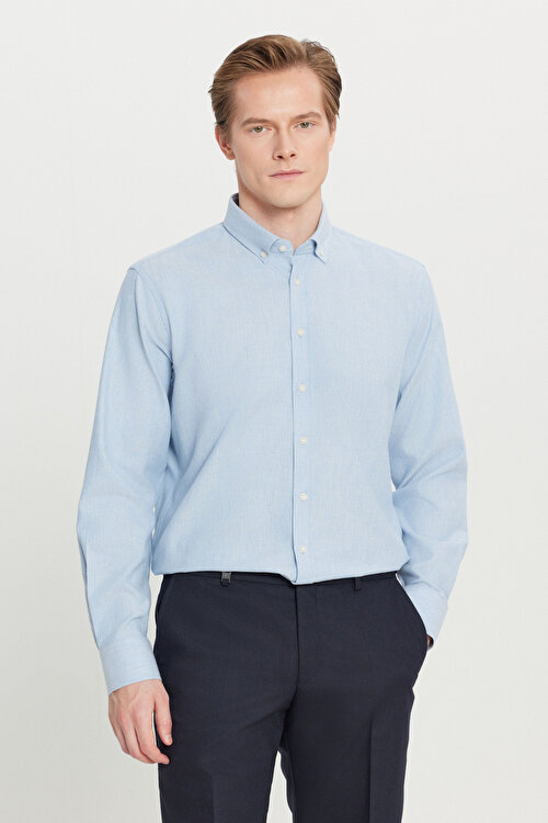 %100 Pamuk Comfort Fit Rahat Kesim Düğmeli Yaka Balıksırtı Desenli Mavi Gömlek | Altınyıldız ...